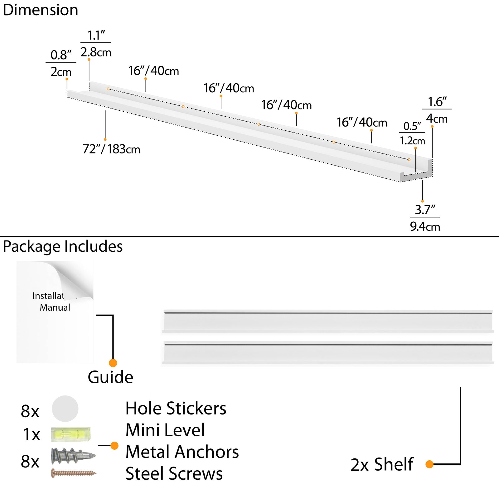 DENVER 72'' Picture Ledge Shelf, White Floating Shelves, Long Shelf ...