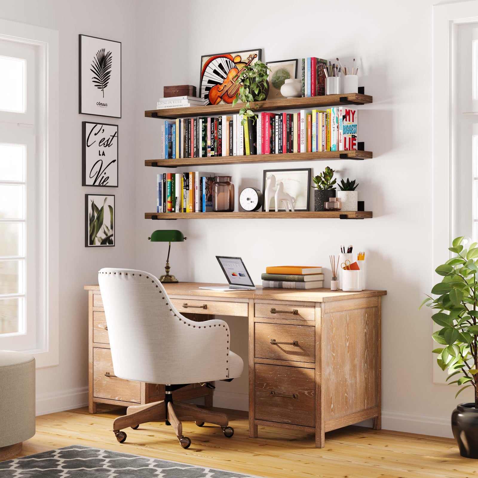 FORTE 60'' Floating Wall Shelf, Long Display Shelves, Book Shelf Burnt ...