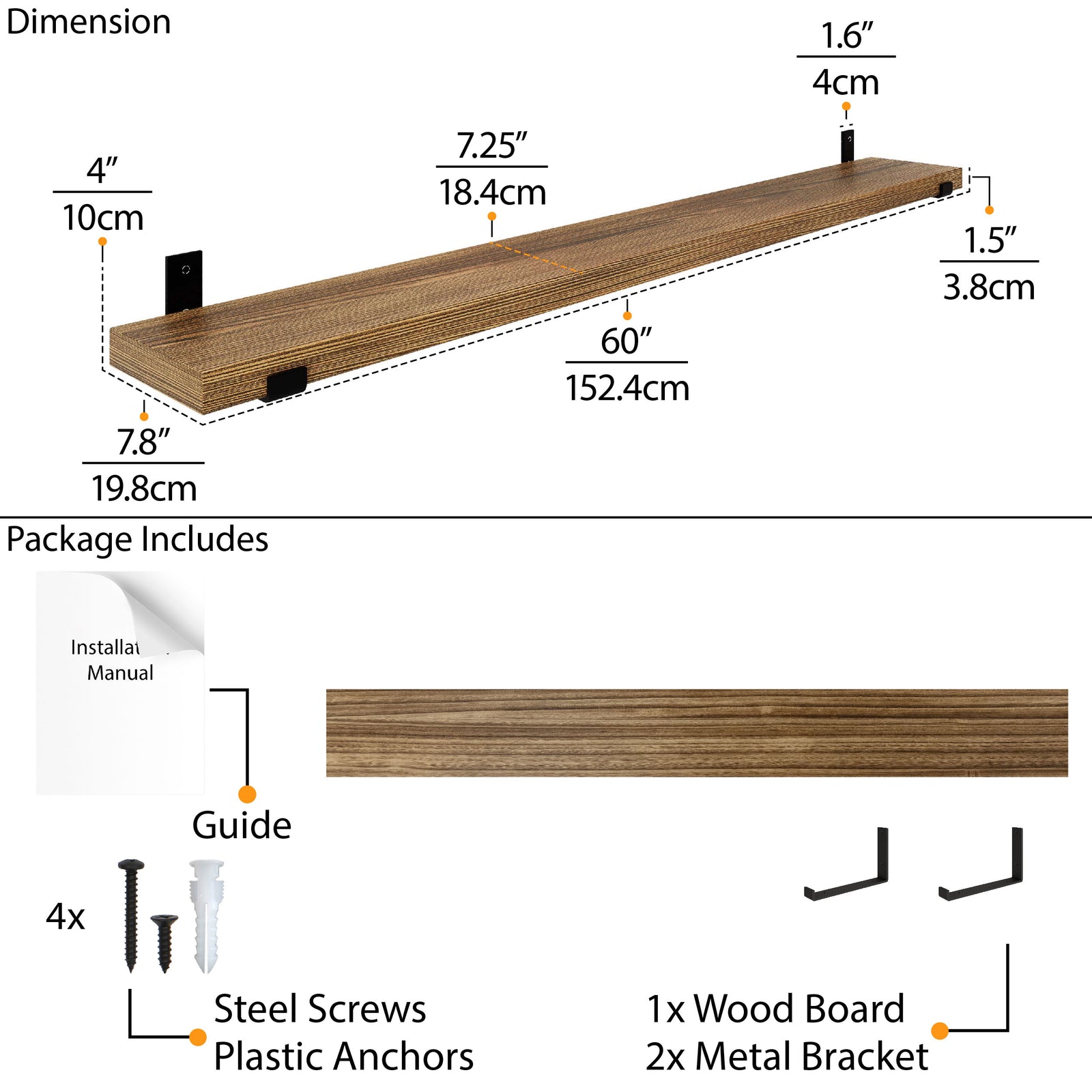FORTE 60'' Floating Wall Shelf, Long Display Shelves, Book Shelf Burnt ...