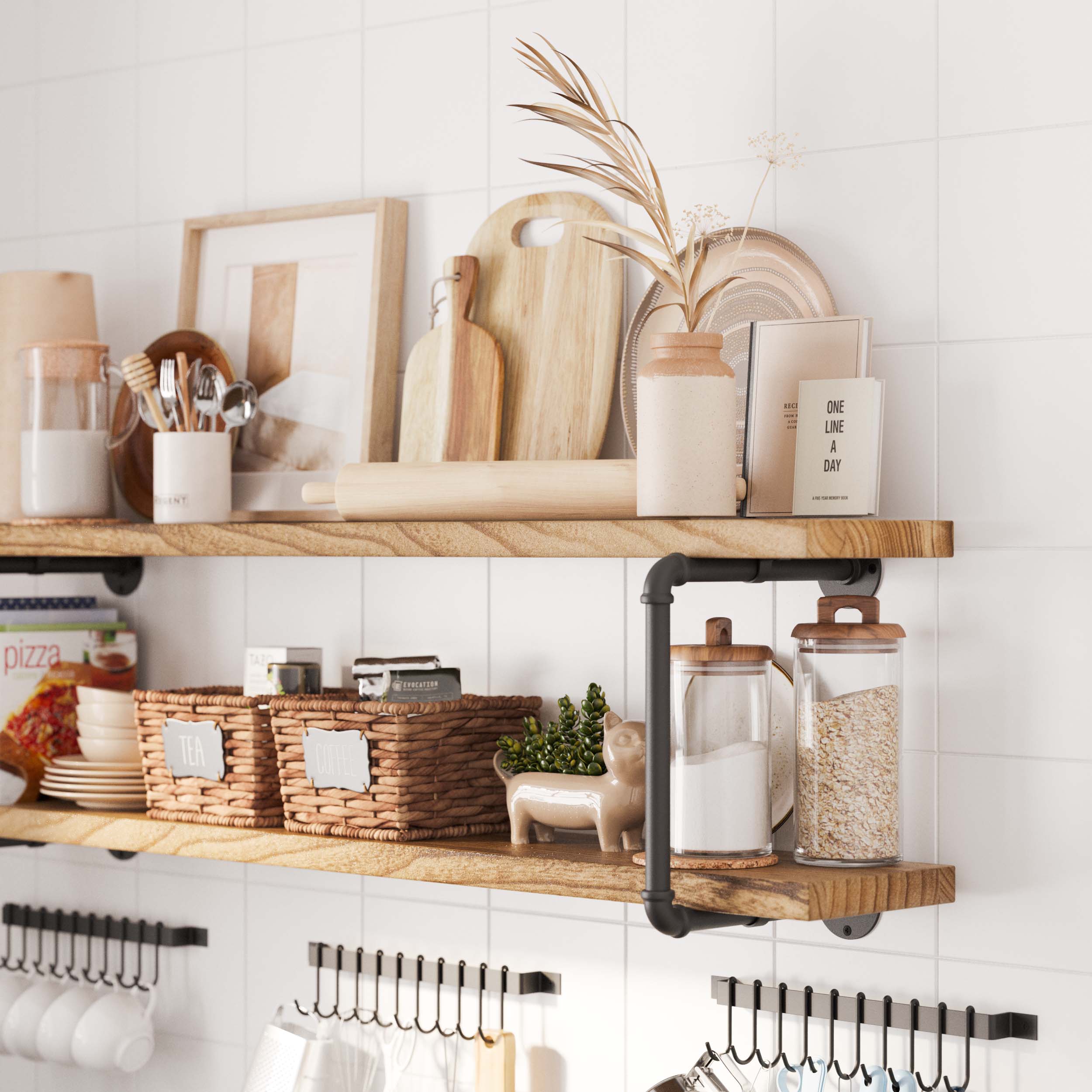 Wallniture 60 x 9.25 Industrial Pipe Shelf Wood Wall Shelves Floating Bookshelves for Wall Burnt 2 Tier Brown