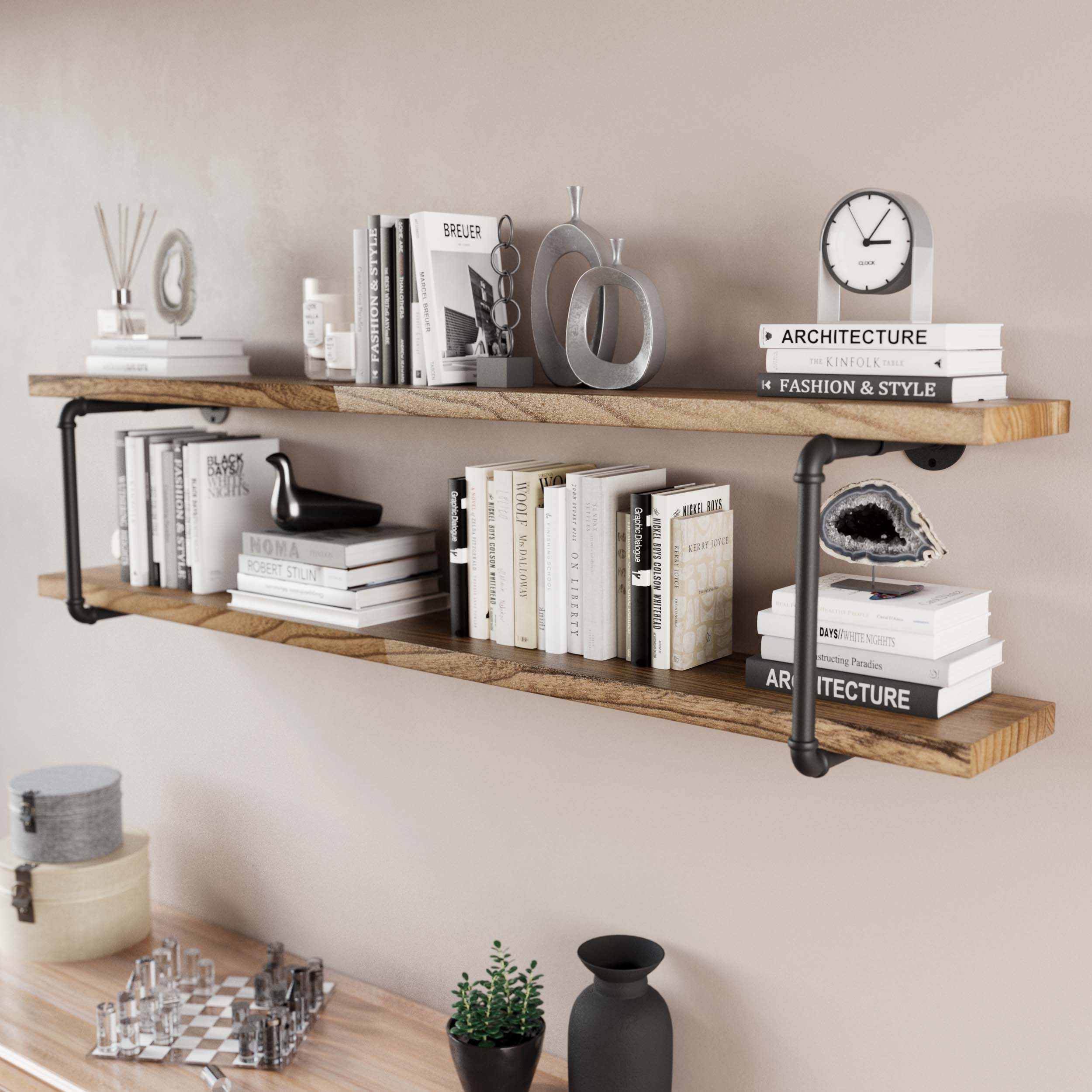 White industrial pipe shelves store
