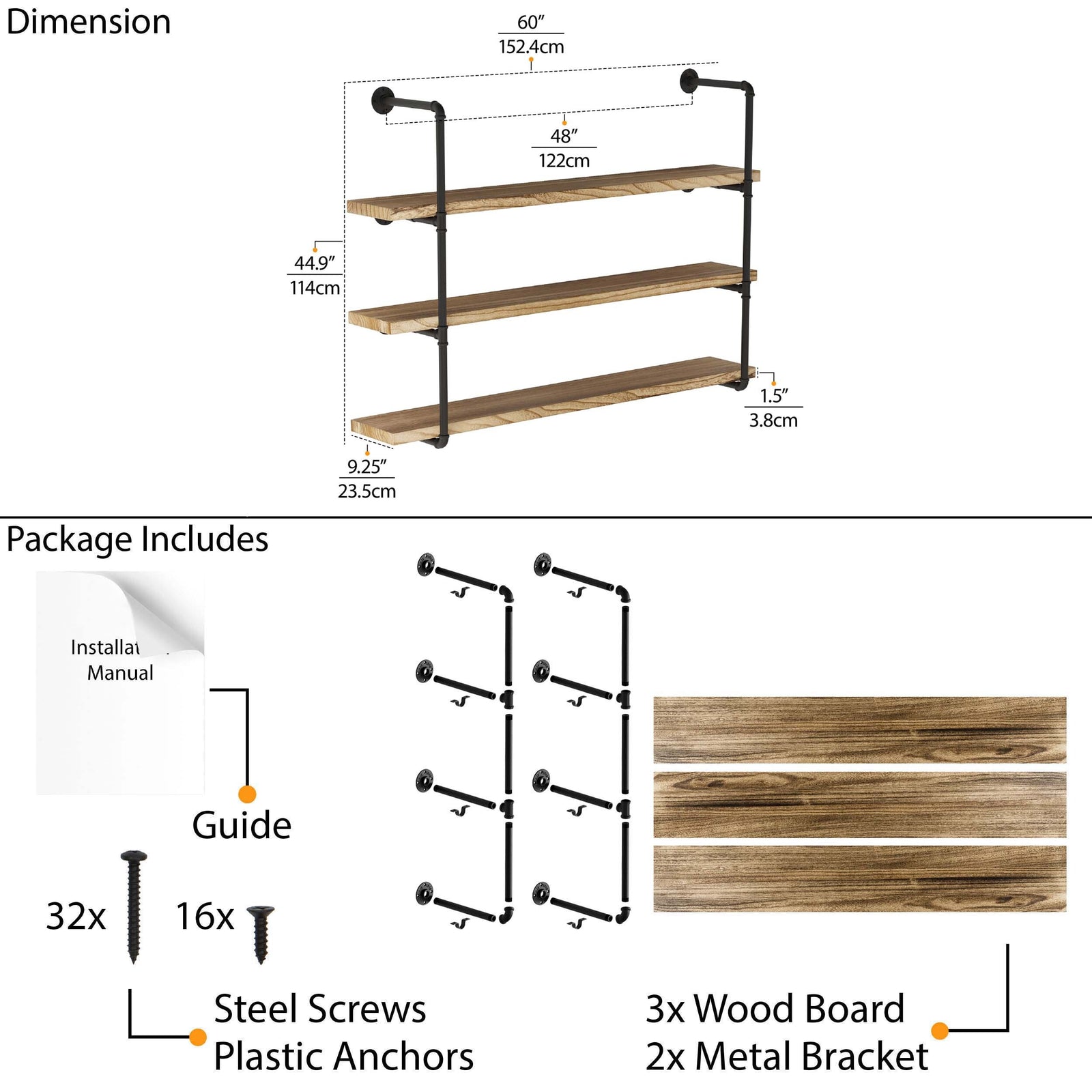 PIPE 60'' Floating Pipe Shelves, Industrial Bookshelf, Pipe Shelving ...